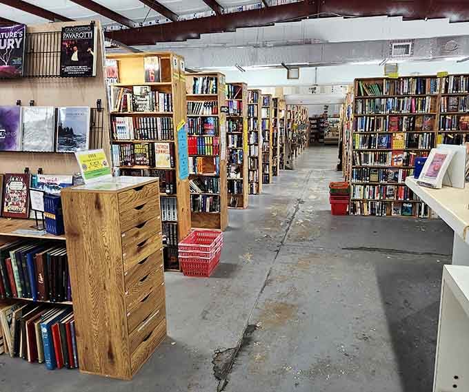 Wooden shelves stretch into infinity like a bibliophile's fever dream, each aisle promising undiscovered treasures and forgotten classics.
