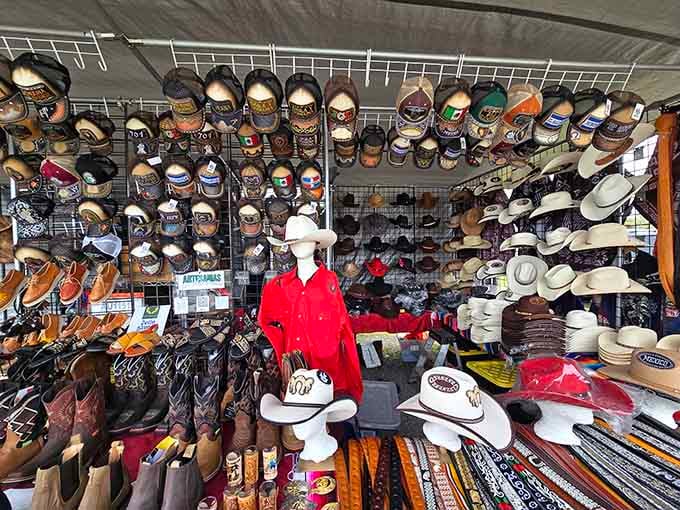 From cowboy hats to fedoras, this wall of headwear could outfit an entire Western movie cast.