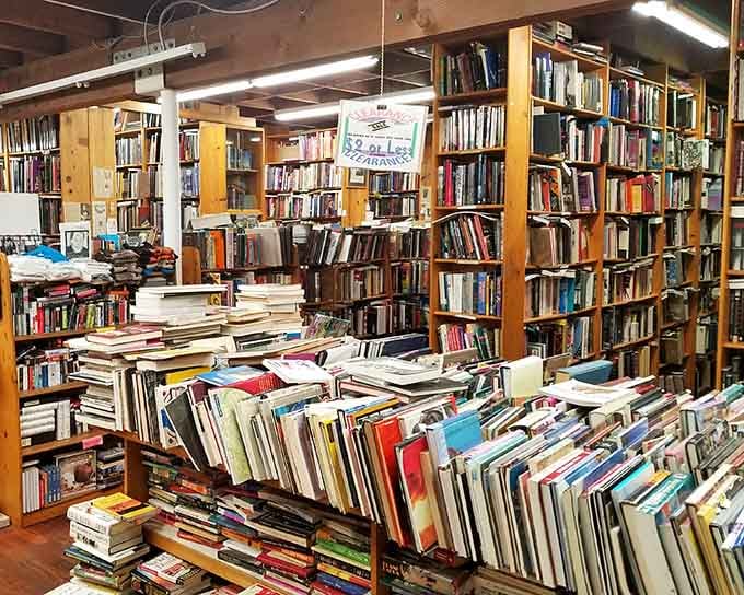 Books stacked on books, a glorious chaos where your next favorite read is hiding.