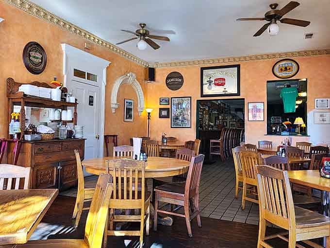 Golden walls and wooden tables create the perfect setting for conversations that last hours, not minutes.