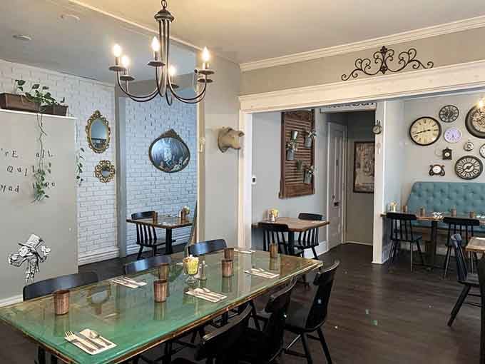 Mismatched mirrors and whimsical touches transform dining into something wonderfully unexpected and utterly charming.