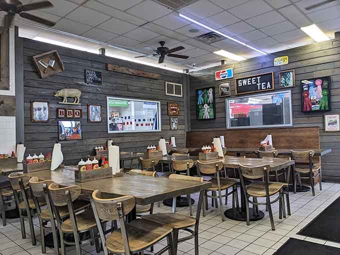 Dark wood meets bright lighting in a space that says "serious barbecue" without taking itself too seriously.