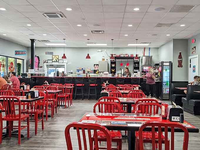 Red chairs stretching into the distance like a delicious dream you never want to wake up from.