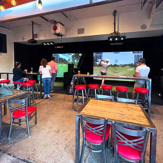 High-tech golf simulators meet craft cocktails in a space that somehow makes both feel perfectly at home together.