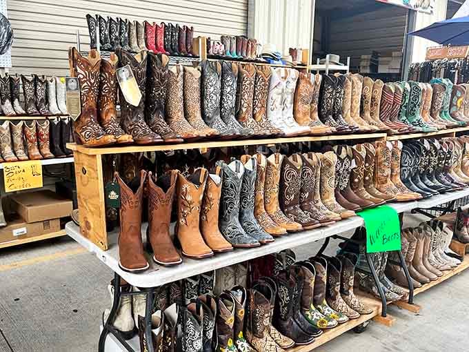 Every shade and style imaginable lines these shelves, proving that boot shopping here is basically a full-contact sport.