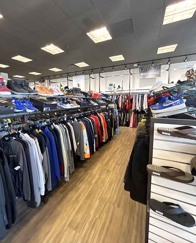Rows of men's apparel organized like a department store, minus the department store guilt when checking your receipt.