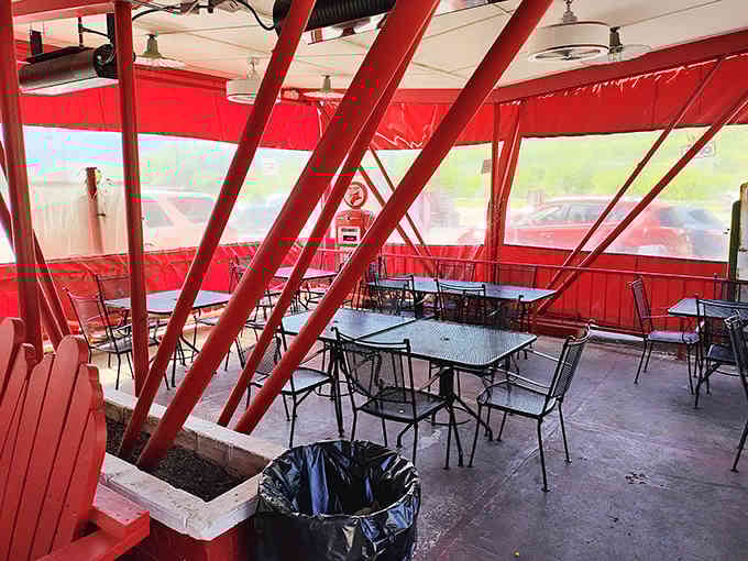 The covered seating area offers mountain views and protection from the elements, because Colorado weather has commitment issues.