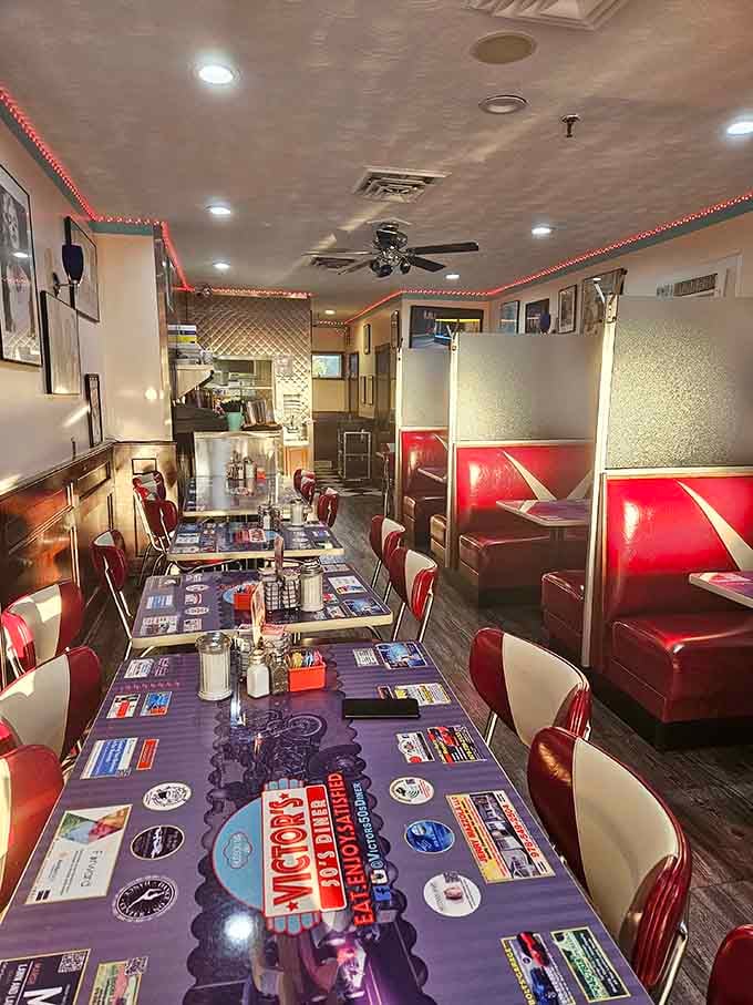 Red vinyl booths stretching into the distance like a delicious highway to breakfast heaven, any time of day.