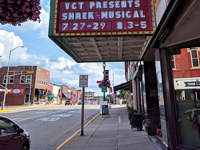 The Temple Theatre marquee proves small towns can have big culture without making a fuss about it.