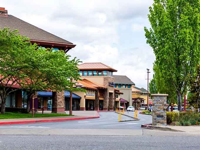 The exterior architecture blends Pacific Northwest charm with serious shopping potential, and that's a beautiful combination right there.