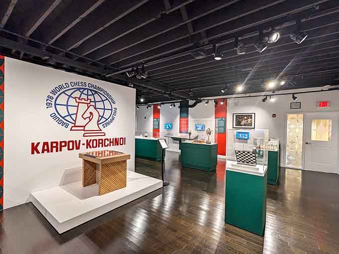 Inside, the exhibits blend Cold War drama with artistic chess sets in surprisingly captivating displays.