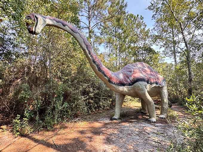 This gentle giant brontosaurus has been watching over the Alabama woods for decades, weathered but wonderful.