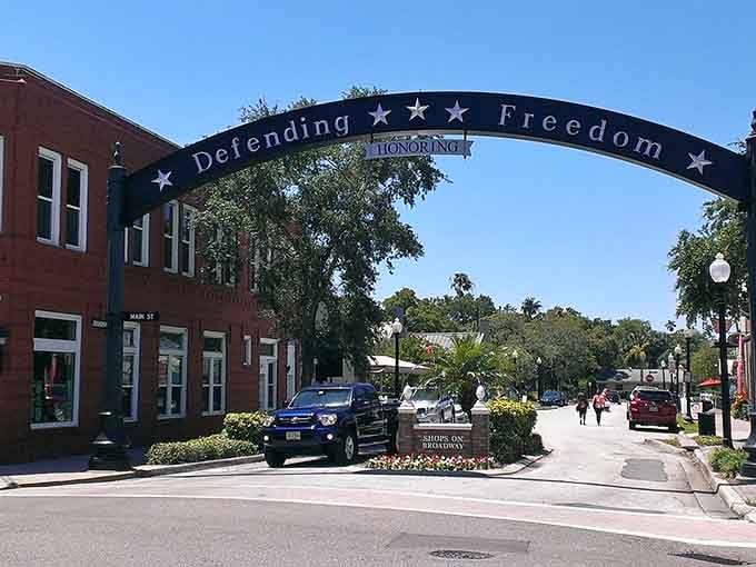 That "Defending Freedom" arch welcomes you to Dunedin like a patriotic hug from your favorite uncle.