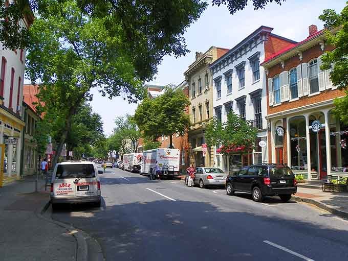 Frederick's tree-lined streets create a canopy of green over historic buildings that have witnessed generations pass by.