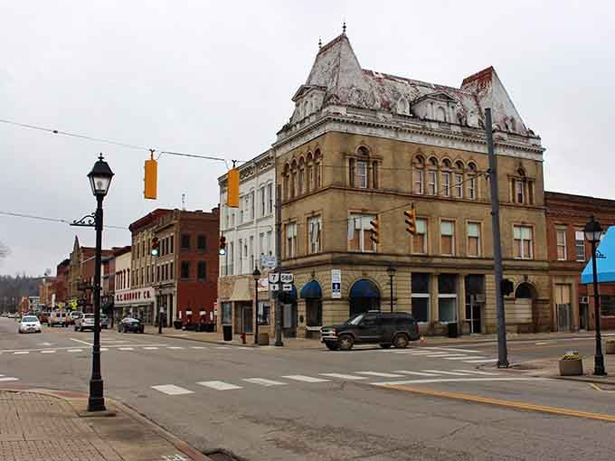 That ornate corner building commands attention like the town elder who's seen everything and still looks magnificent doing it.