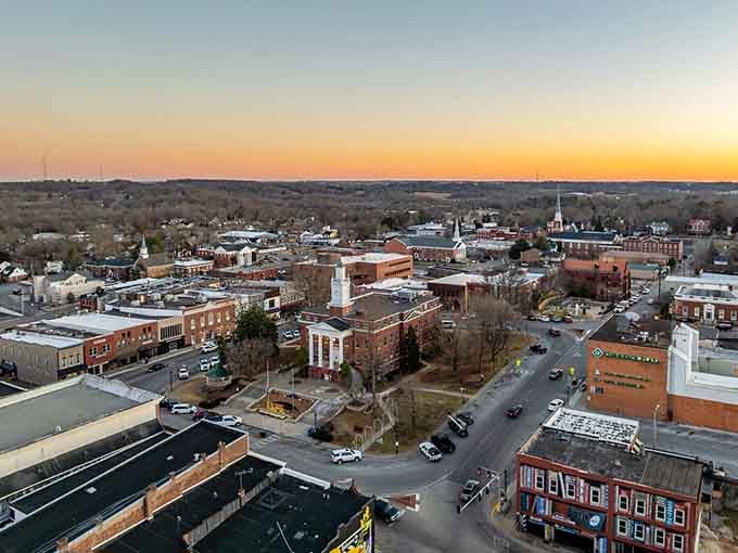 Golden hour paints this town in warm hues, revealing a community that's built to last through generations.