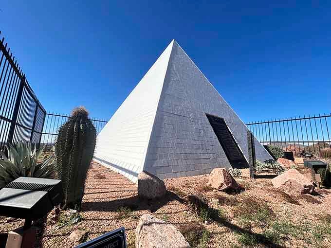 This brilliant white pyramid surrounded by cacti proves that Arizona does ancient architecture with a Southwestern twist.