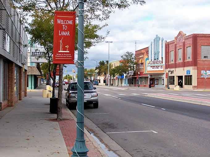 Lamar's welcome banner hangs proudly over Main Street, inviting visitors to discover the charm of southeastern Colorado's prairie towns.