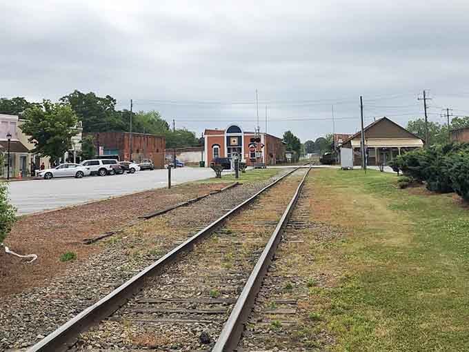 These railroad tracks slice through downtown like a timeline you can walk along, peaceful and perfectly preserved.