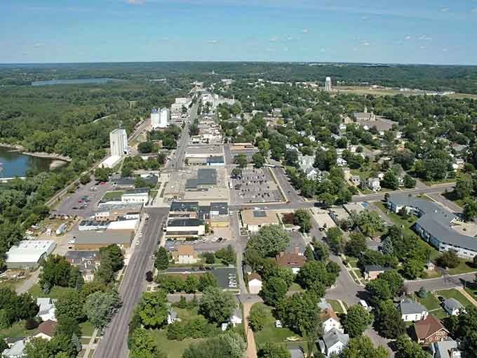 From above, Le Sueur spreads out like a patchwork quilt of neighborhoods nestled among endless green trees.