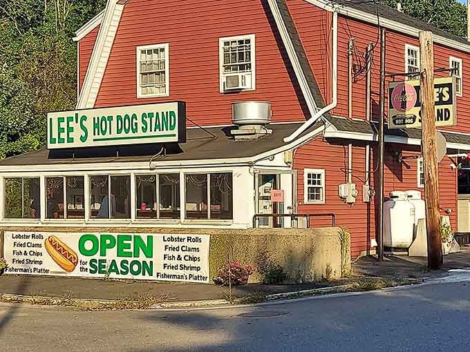 This charming red building nestled against the hillside serves hot dogs with genuine New England character and warmth.