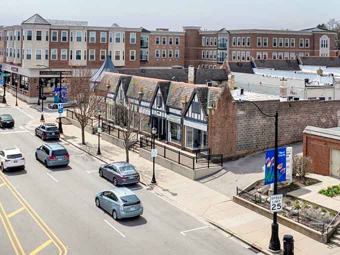 Modern meets historic where Tudor-style architecture shares the street with contemporary buildings in perfect harmony.