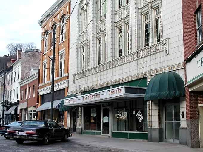 The old theater marquee and vintage storefronts create a scene straight from "The Andy Griffith Show" days.