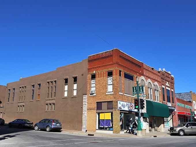 Bright blue skies frame these sturdy brick buildings, their architectural details speaking to craftsmen who built things to last.
