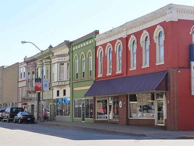 Each building wears a different color like proud neighbors showing off their Sunday best at church.