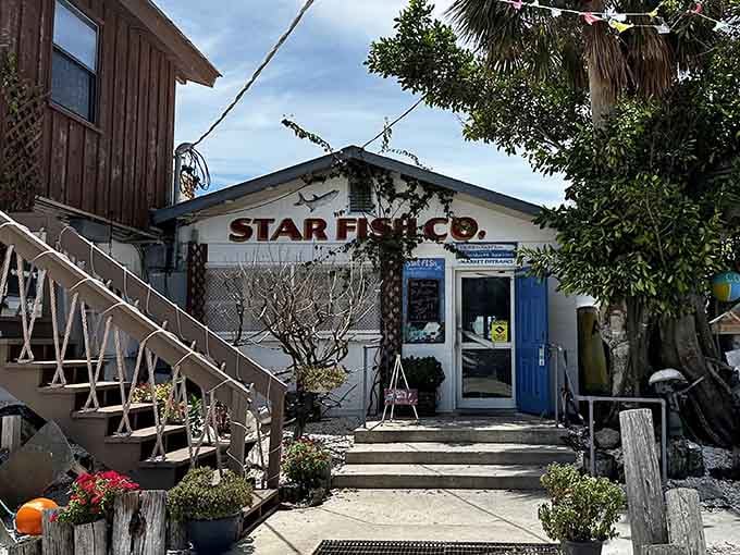 Those weathered steps leading up tell stories of countless satisfied customers climbing toward seafood heaven.