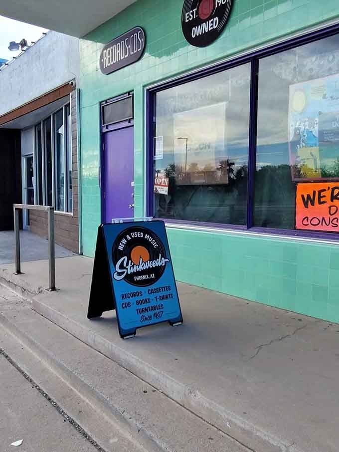 That turquoise exterior pops like a vintage album cover, practically singing "come browse our bins" from the sidewalk.