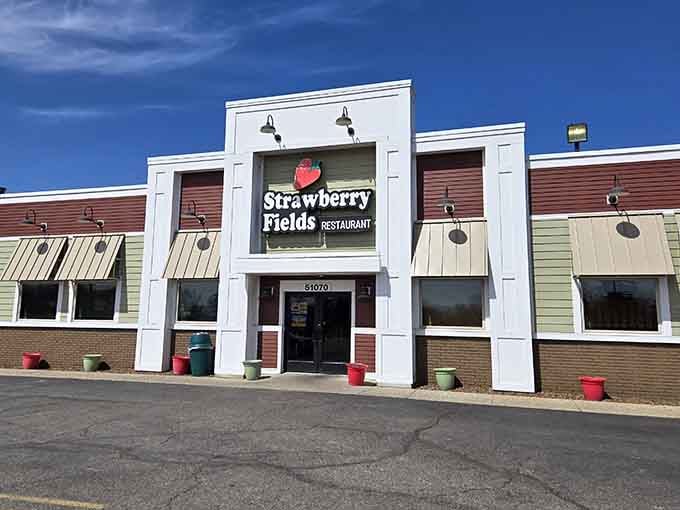 Clean lines and cheerful colors make this strawberry-themed spot impossible to miss on a sunny day.