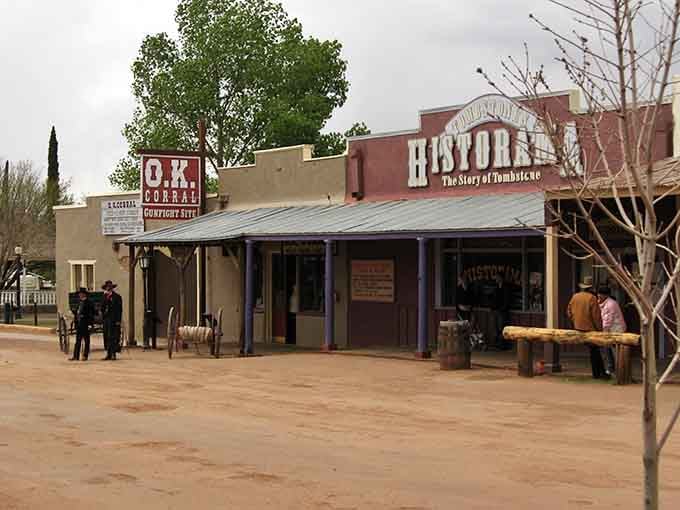 The O.K. Corral's wooden storefronts stand ready for another showdown, just like they did in 1881.
