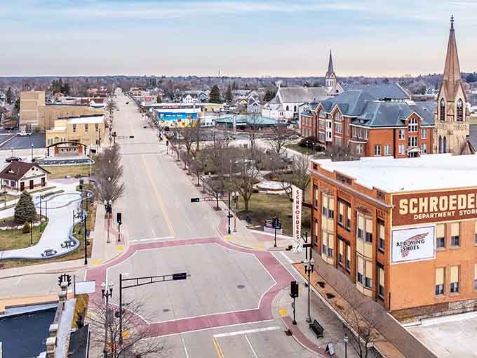 Winter blankets this picturesque town in white, revealing church steeples and historic buildings like a postcard come alive.
