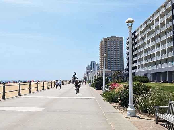 Three miles of oceanfront boardwalk stretch ahead, where the only thing you'll spend is time watching waves roll in.