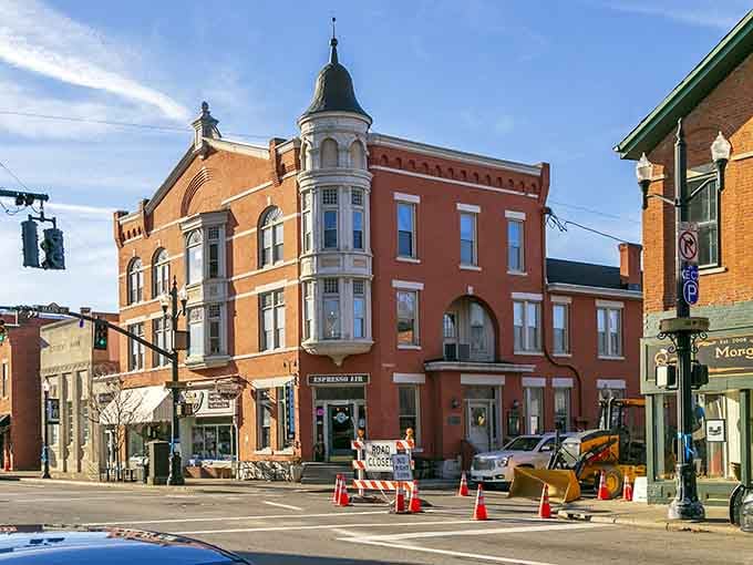 This corner building's turret catches your eye like a lighthouse guiding you to small-town treasures and local coffee shops.