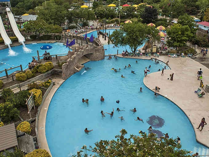 That winding lazy river snakes through the park like a peaceful blue highway to relaxation.