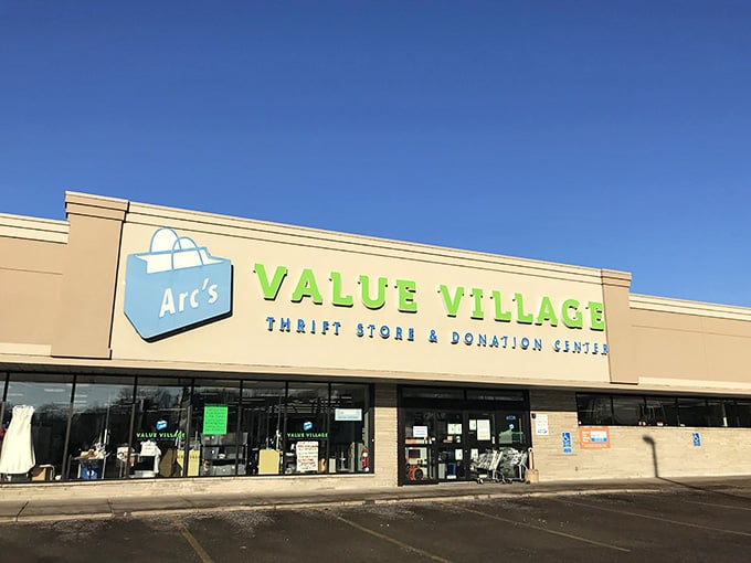 Clear blue skies frame this thrift paradise where one person's donation becomes another's perfect discovery waiting inside.