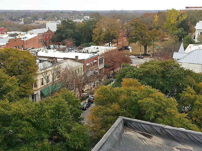 From above, Athens reveals its tree-lined streets and historic rooftops stretching toward rolling hills like a Southern postcard come alive.