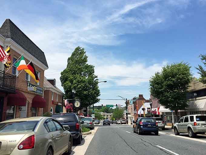 Those flags waving above the street add patriotic flair to an already picture-perfect downtown scene.