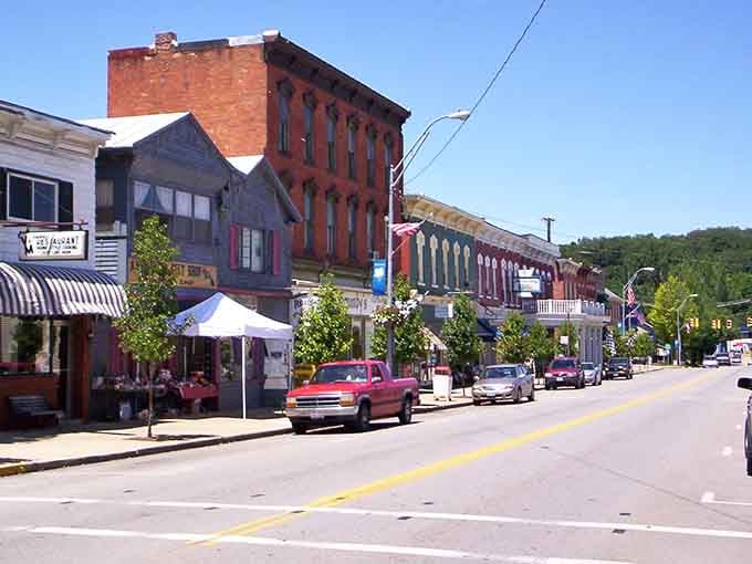 Summer sunshine highlights the architectural details that make this downtown district genuinely special and inviting.