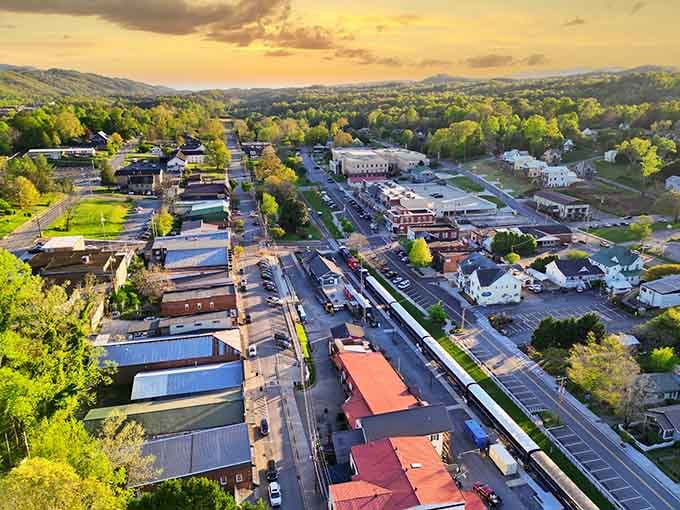Golden hour bathes this valley town in light that makes every rooftop glow like warm honey.