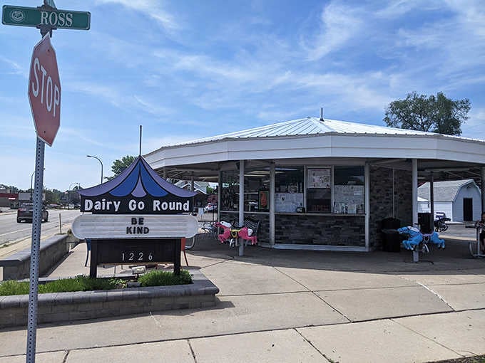 That playful carousel-inspired sign tells you everything: this place believes ice cream should be pure joy and fun.