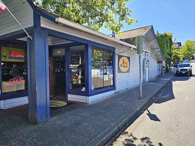 That blue-trimmed entrance and quiet street corner hide some seriously delicious seafood waiting to be discovered.