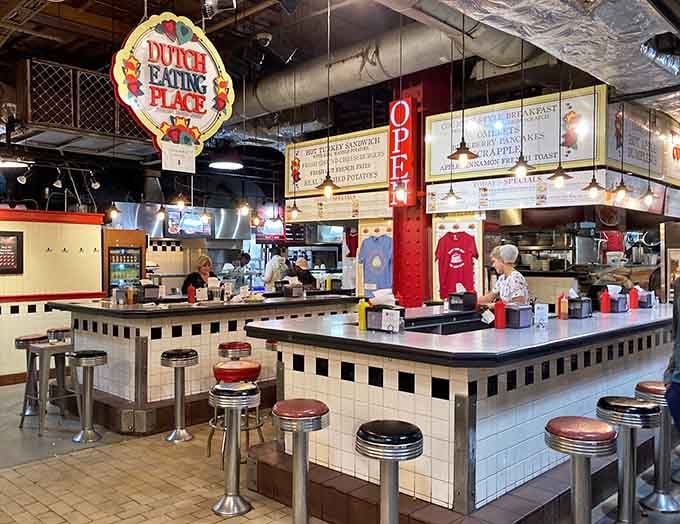 That retro checkerboard tile and chrome stools prove good design never goes out of style, just like scrapple.
