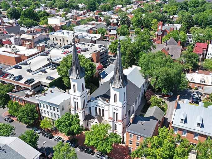 Twin steeples stand sentinel over downtown, their white towers visible from every corner of this timeless town.