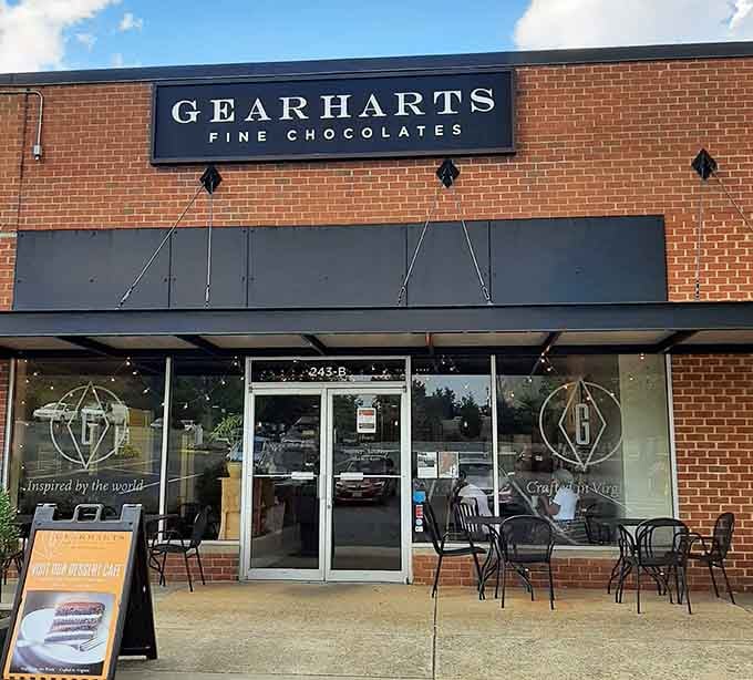 The welcoming entrance with outdoor seating invites you to linger over handcrafted chocolates like civilized people do.