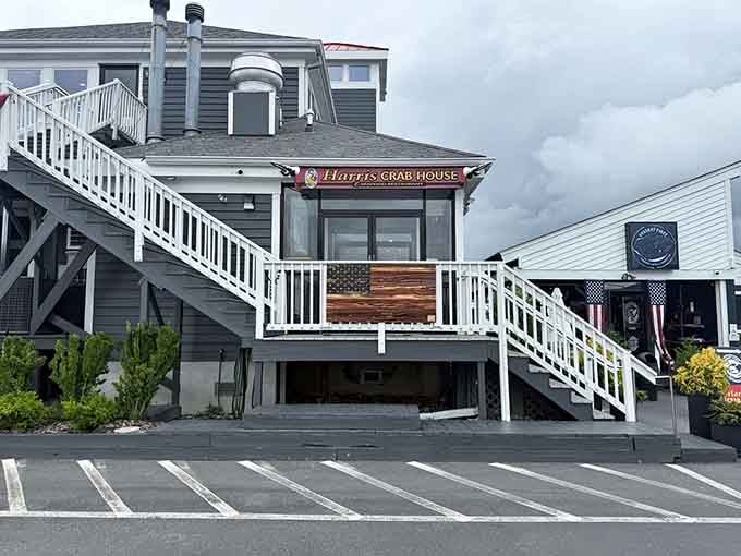 The white railings and multi-level decks create the perfect backdrop for your all-you-can-eat crab adventure.