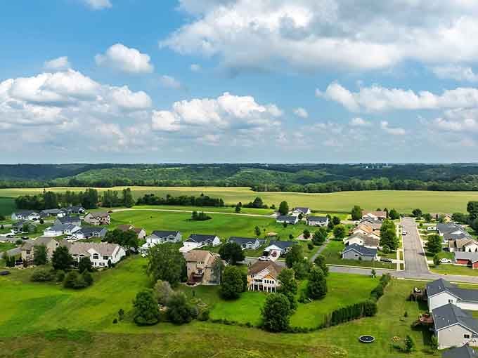 Rolling farmland meets suburban comfort in this aerial view that shows why families choose Le Sueur for safety.