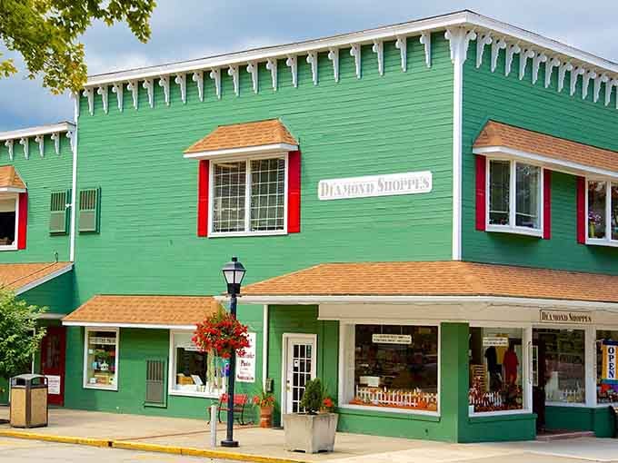 That bright green building pops like a jewel box filled with treasures from another era entirely.